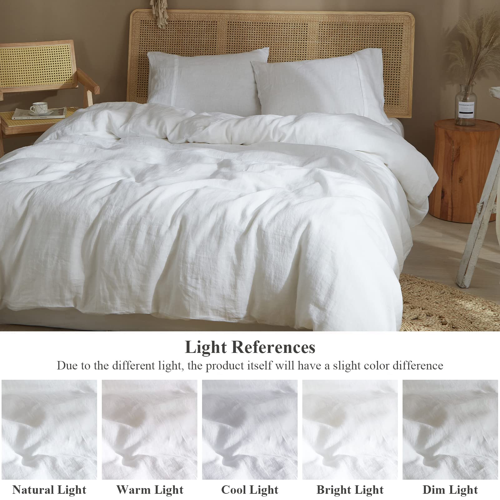 Ivellow Bed Linen Set, 100% Pure French Linen Duvet Cover, Queen, 3Pcs (1 Duvet Cover, 2 Pillowcases), Off White