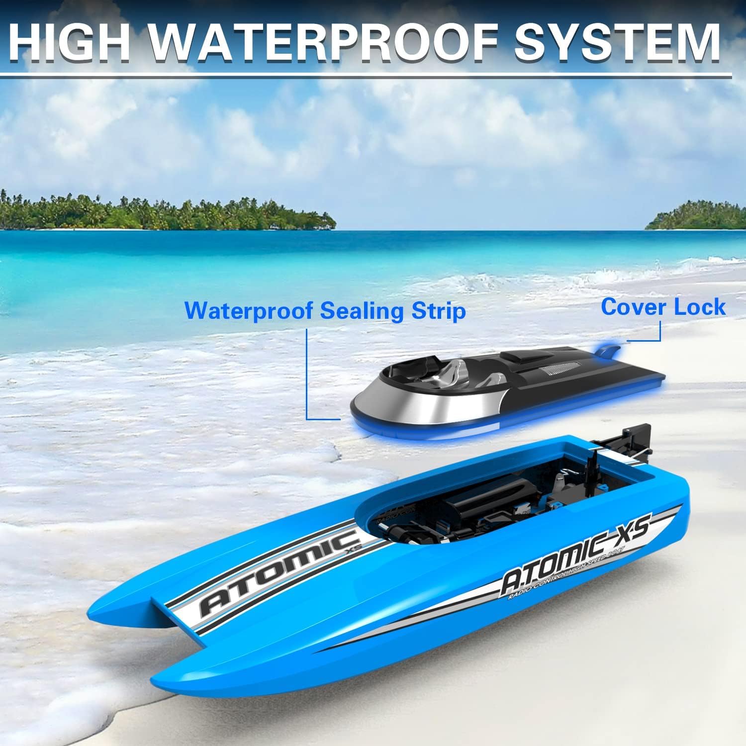 VOLANTEXRC Remote Control Boats for Pools and Lakes 20+MPH AtomicXS High Speed RC Boat for Kids or Adults Toy Boat Gifts with 2 Batteries & Reverse Function (795-5 Blue)