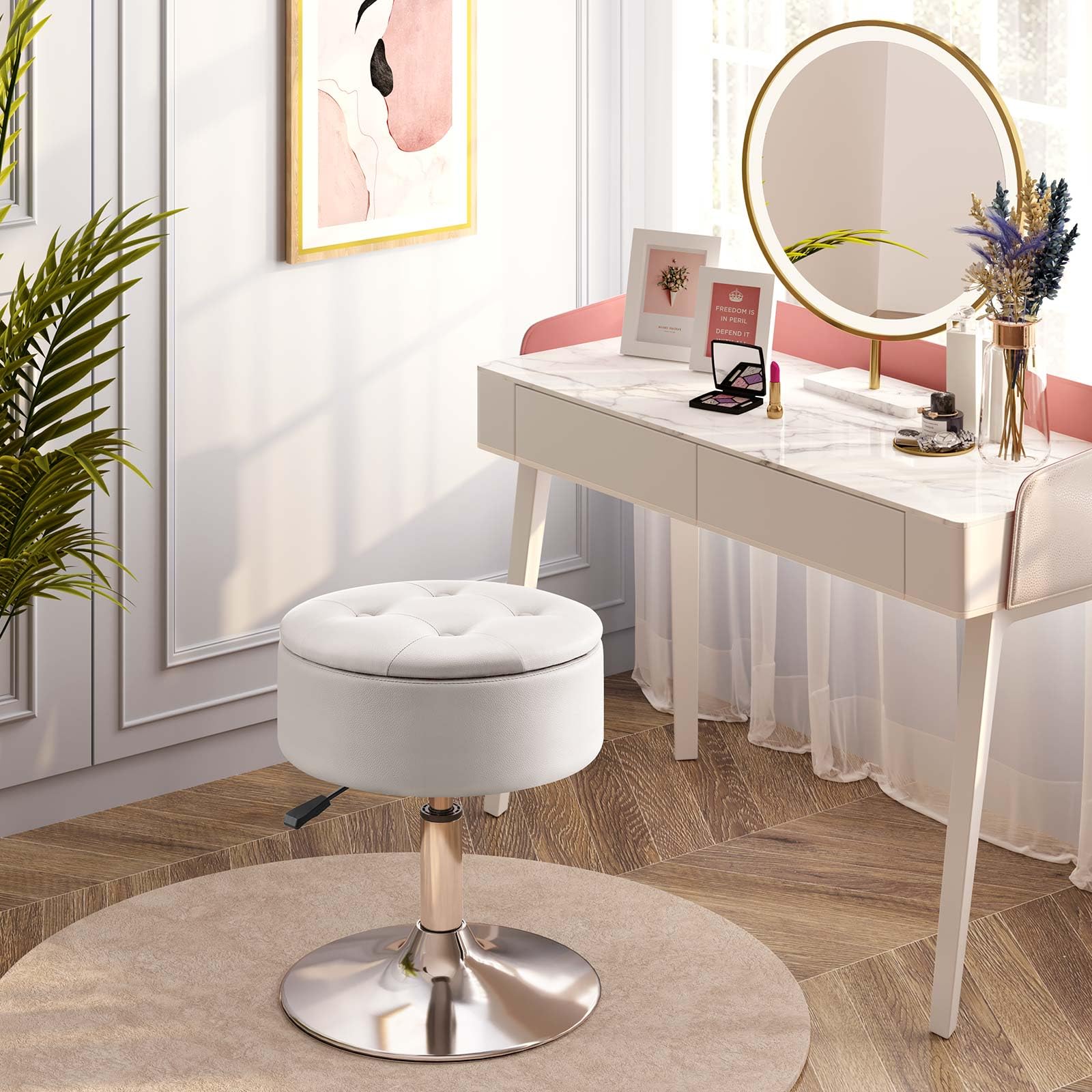 GREENSTELL Vanity Stool with Storage, 19" to 23" Height Adjustable PU Leather Vanity Chair, 360° Swivel Makeup Stool with Removeable Tray, Modern Ottoman for Bedroom Bathroom, White
