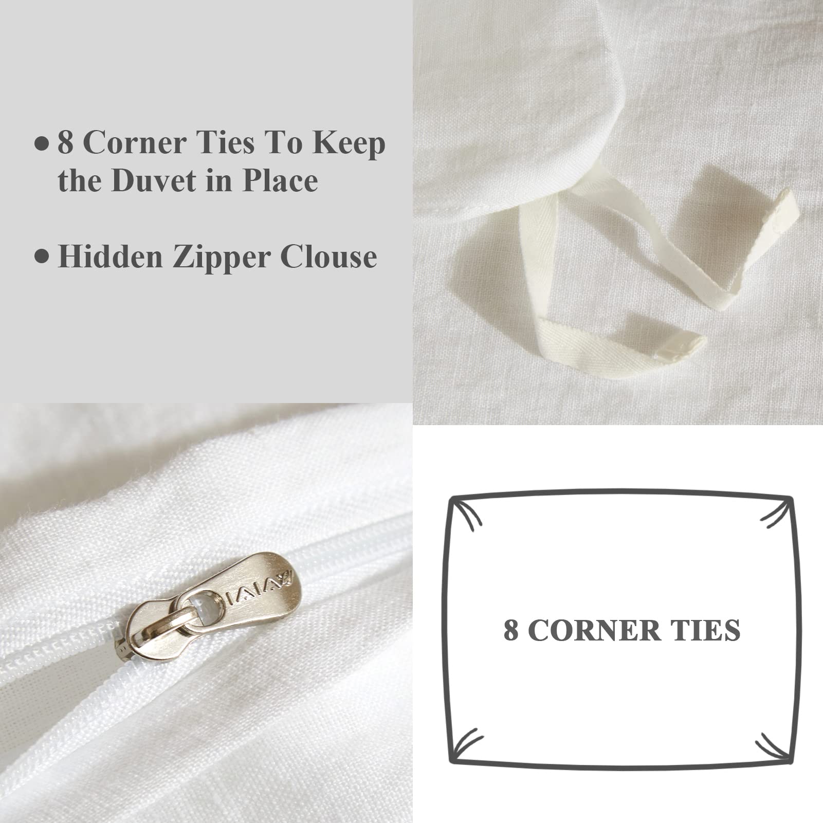 Ivellow Bed Linen Set, 100% Pure French Linen Duvet Cover, Queen, 3Pcs (1 Duvet Cover, 2 Pillowcases), Off White