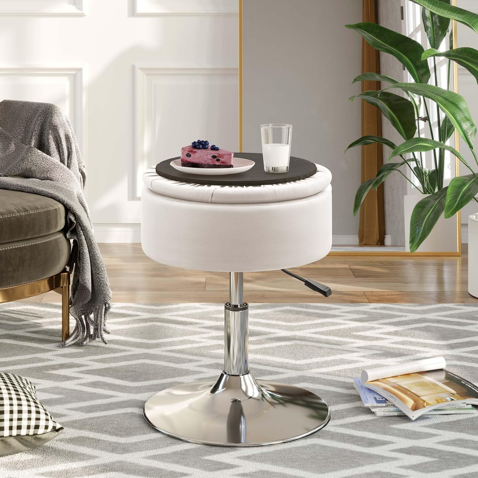 GREENSTELL Vanity Stool with Storage, 19" to 23" Height Adjustable PU Leather Vanity Chair, 360° Swivel Makeup Stool with Removeable Tray, Modern Ottoman for Bedroom Bathroom, White