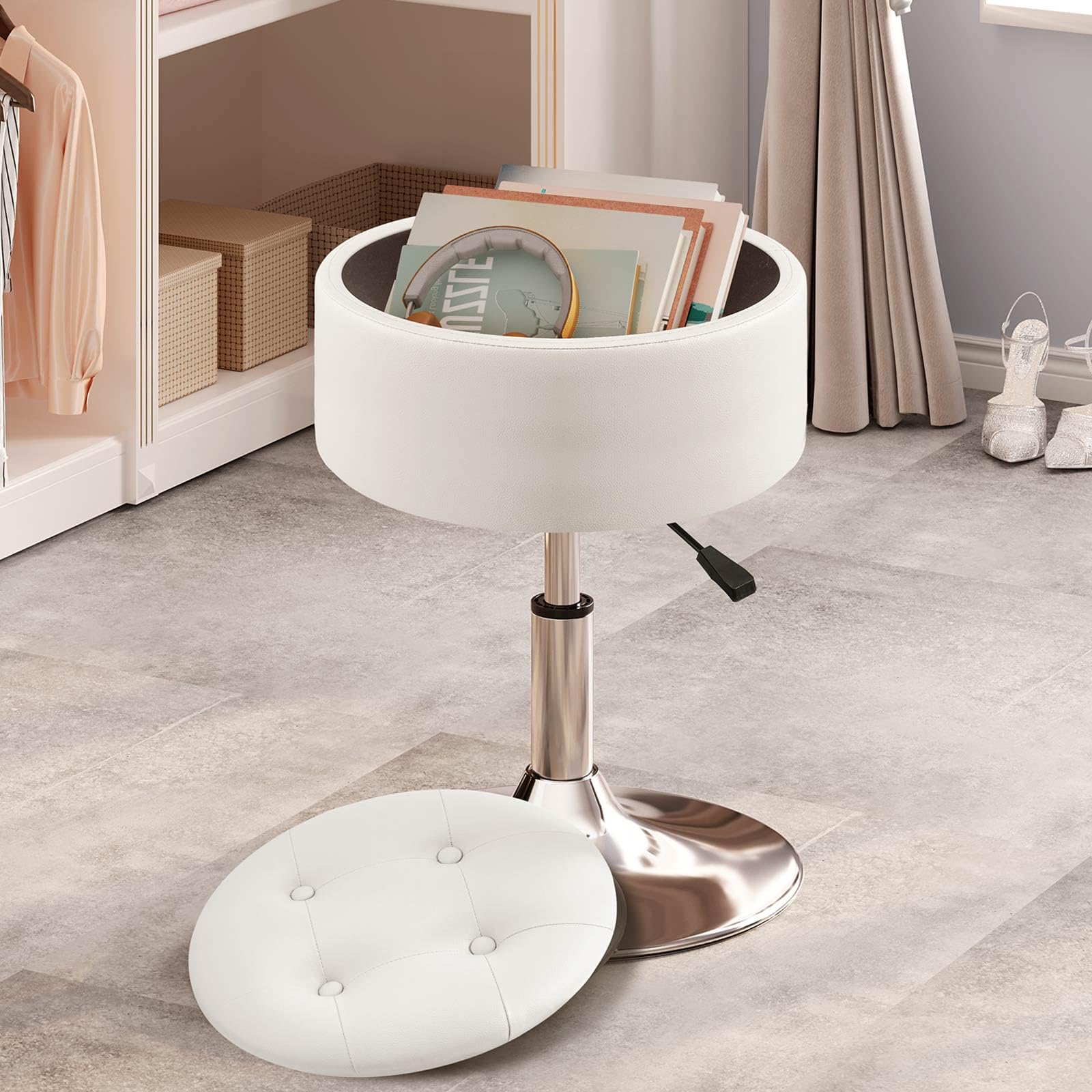 GREENSTELL Vanity Stool with Storage, 19" to 23" Height Adjustable PU Leather Vanity Chair, 360° Swivel Makeup Stool with Removeable Tray, Modern Ottoman for Bedroom Bathroom, White