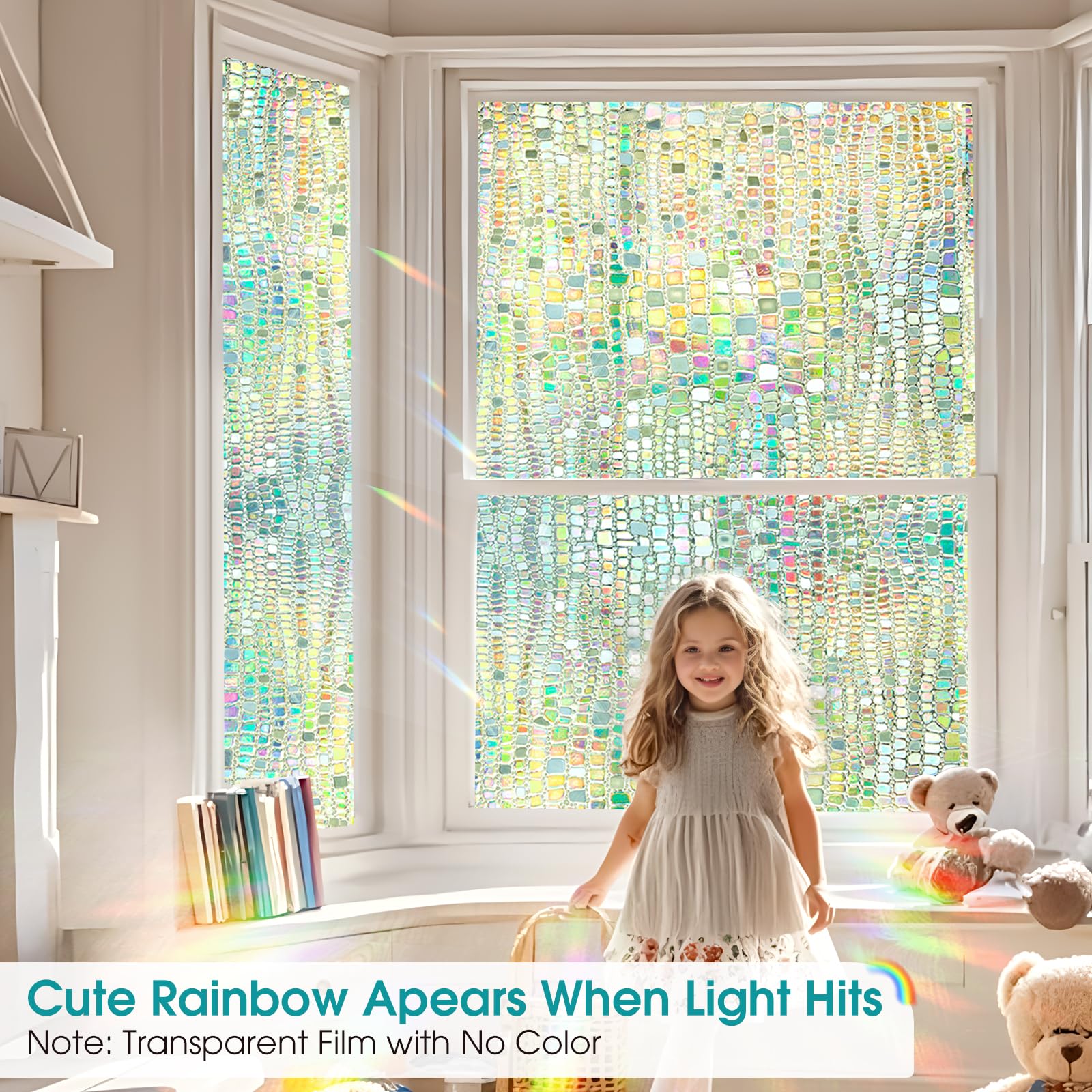 Windimiley Window Privacy Film 3D Rainbow Static Clings Bathroom Stained Glass Decorative Window Sticker Prism Holographic Window Decals Sun Blocking Non-Adhesive Door Covering,17.5x118.1In, Pure
