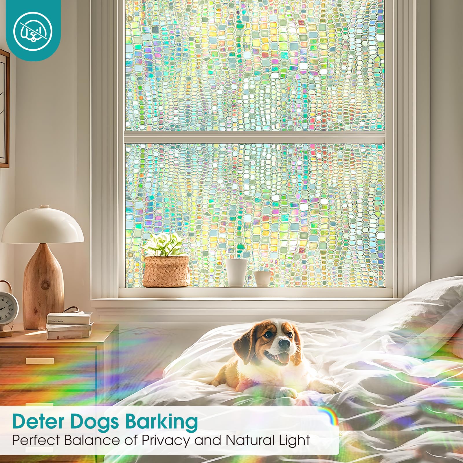 Windimiley Window Privacy Film 3D Rainbow Static Clings Bathroom Stained Glass Decorative Window Sticker Prism Holographic Window Decals Sun Blocking Non-Adhesive Door Covering,17.5x118.1In, Pure