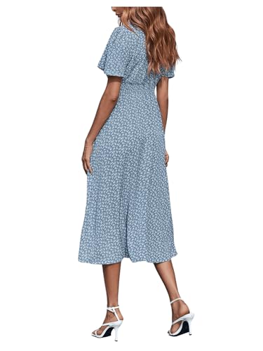Floerns Women's Casual Floral Print Crewneck Short Sleeve A Line Boho Maxi Dress Blue M