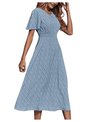 Floerns Women's Casual Floral Print Crewneck Short Sleeve A Line Boho Maxi Dress Blue M