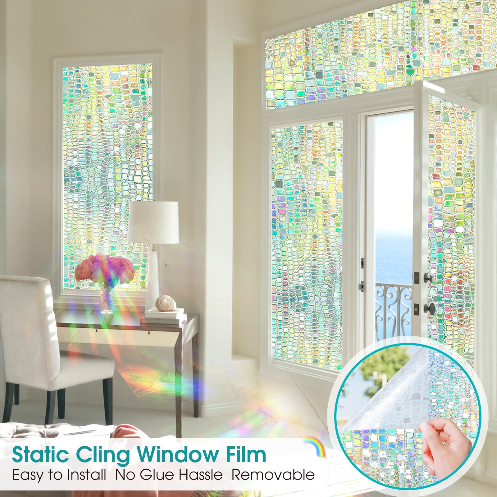 Windimiley Window Privacy Film 3D Rainbow Static Clings Bathroom Stained Glass Decorative Window Sticker Prism Holographic Window Decals Sun Blocking Non-Adhesive Door Covering,17.5x118.1In, Pure