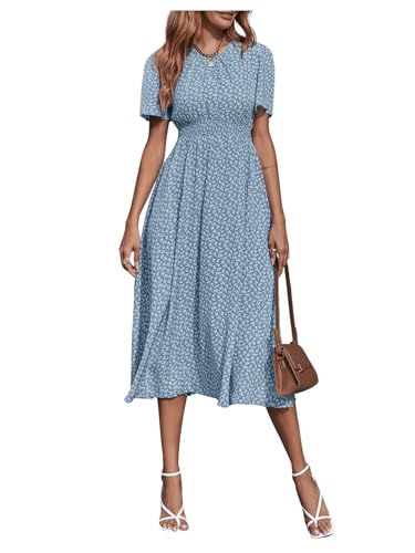 Floerns Women's Casual Floral Print Crewneck Short Sleeve A Line Boho Maxi Dress Blue M