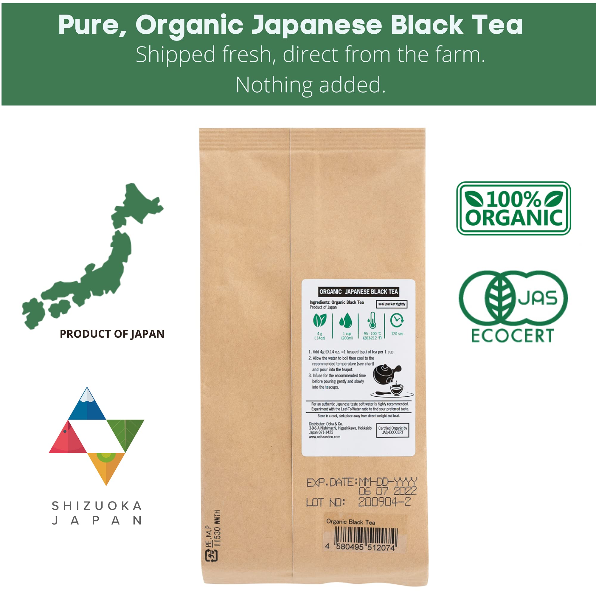 Ocha & Co. Organic Black Tea – Loose Leaf Japanese Tea – Benifuuki Tea Cultivar with Zero Bitterness – Smooth, Mild & Fragrant Premium Tea, 100g/3.5oz