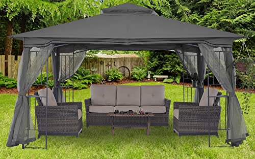 MASTERCANOPY Patio Outdoor Gazebo with Netting Screen Walls and Corner Shelf Design (11x11,Gray)