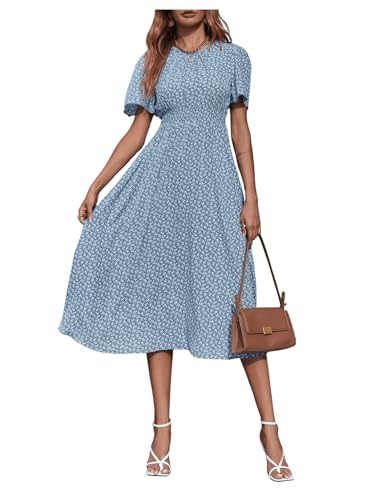 Floerns Women's Casual Floral Print Crewneck Short Sleeve A Line Boho Maxi Dress Blue M
