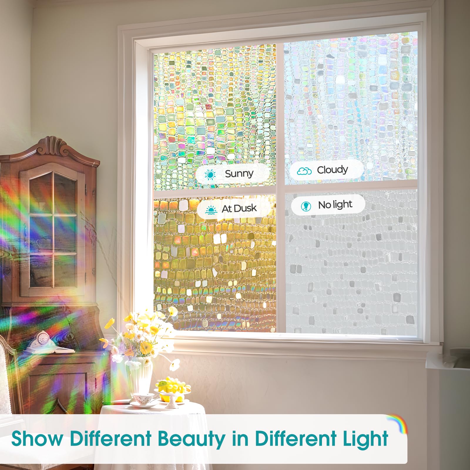 Windimiley Window Privacy Film 3D Rainbow Static Clings Bathroom Stained Glass Decorative Window Sticker Prism Holographic Window Decals Sun Blocking Non-Adhesive Door Covering,17.5x118.1In, Pure