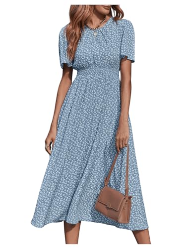 Floerns Women's Casual Floral Print Crewneck Short Sleeve A Line Boho Maxi Dress Blue M