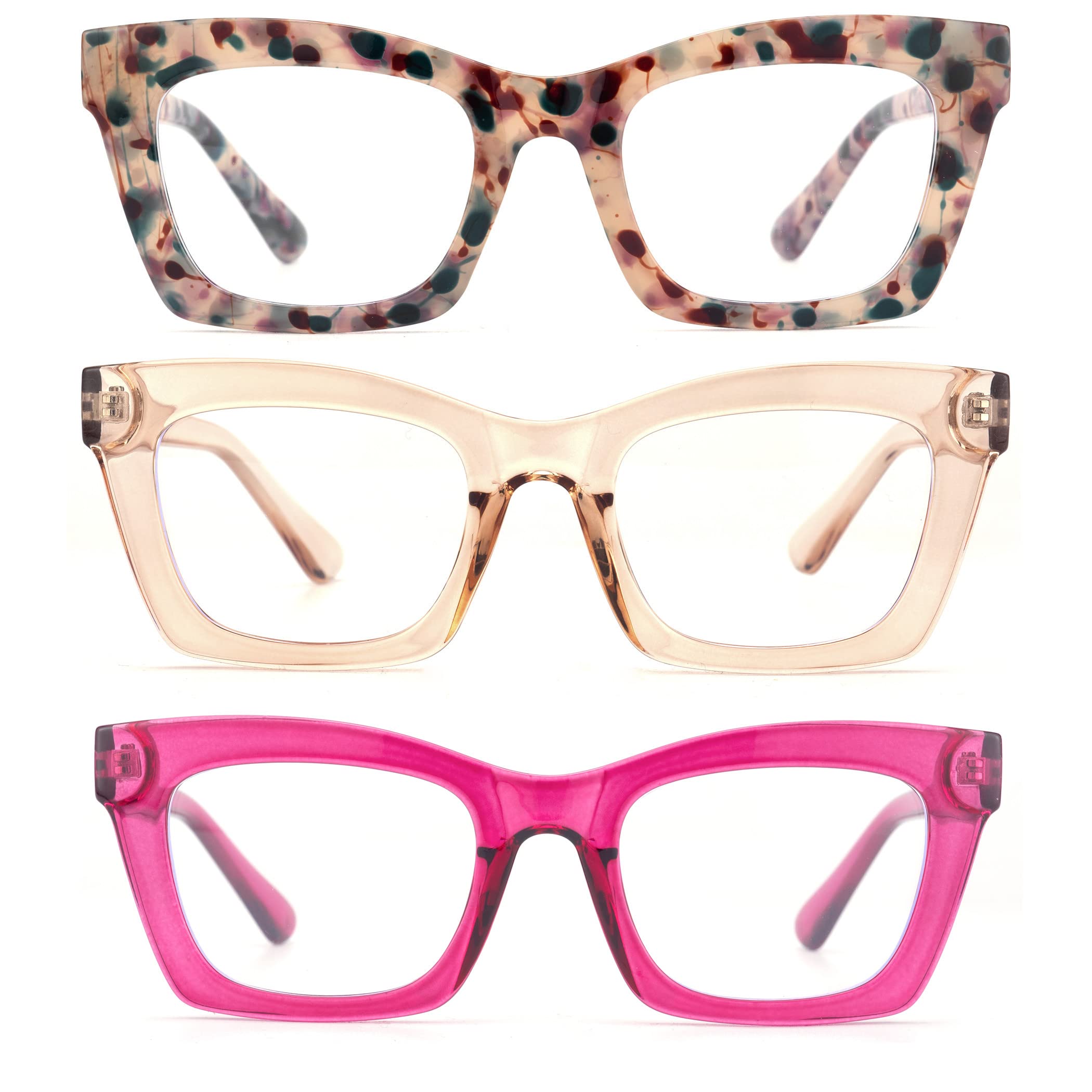 bullabulling 3 pack Oprah style Spring hinge Readers Blue Light Blocking Computer Square Reading Glasses for Women Men (flowers/tea/rose,250)