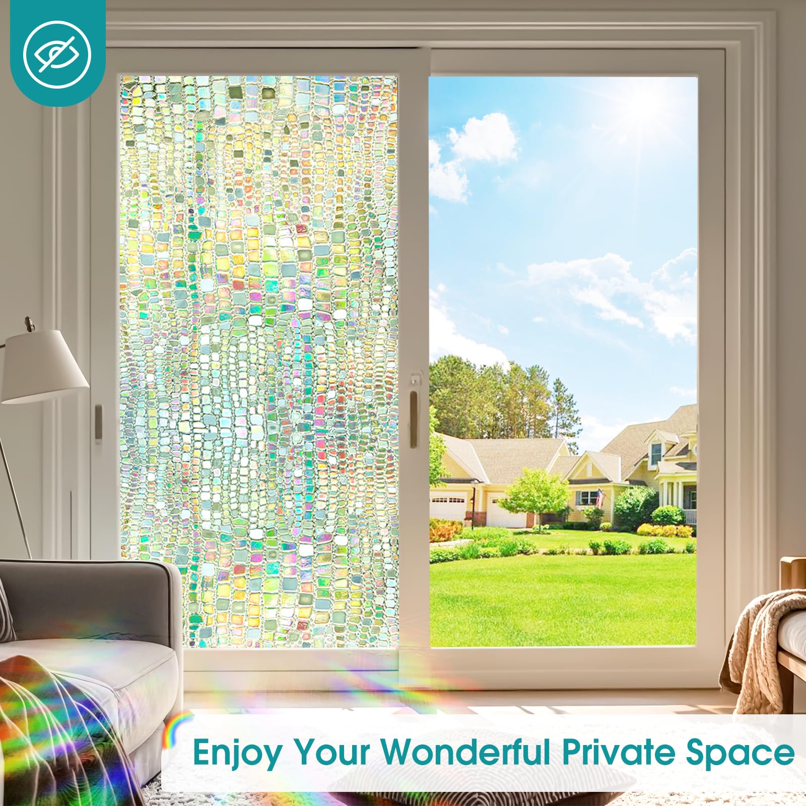 Windimiley Window Privacy Film 3D Rainbow Static Clings Bathroom Stained Glass Decorative Window Sticker Prism Holographic Window Decals Sun Blocking Non-Adhesive Door Covering,17.5x118.1In, Pure