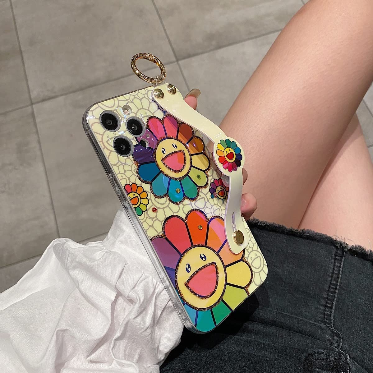 Lastma for iPhone 13 Pro Max Case Cute with Wrist Strap Kickstand Glitter Bling Cartoon IMD Soft TPU Shockproof Protective Cases Cover for Girls and Women - Sunflower