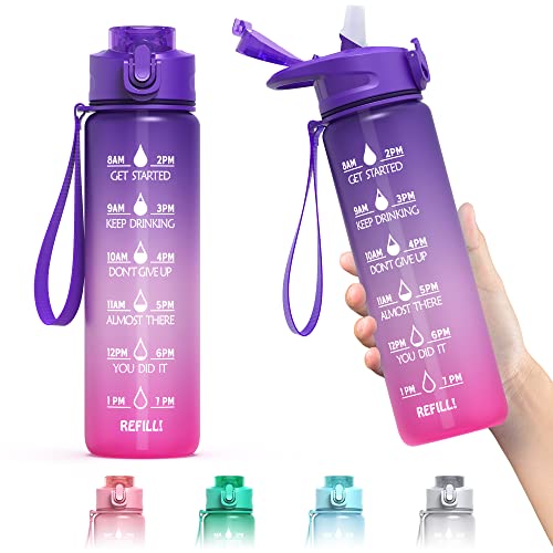 Kymbax 32oz Water Bottle with Time Marker and Straw, Motivational Water Bottle with Handle, Leakproof BPA FREE Tritan Water Jug for School, Gym, Outdoor, Fitness (Ombre Purple Red, 32oz)