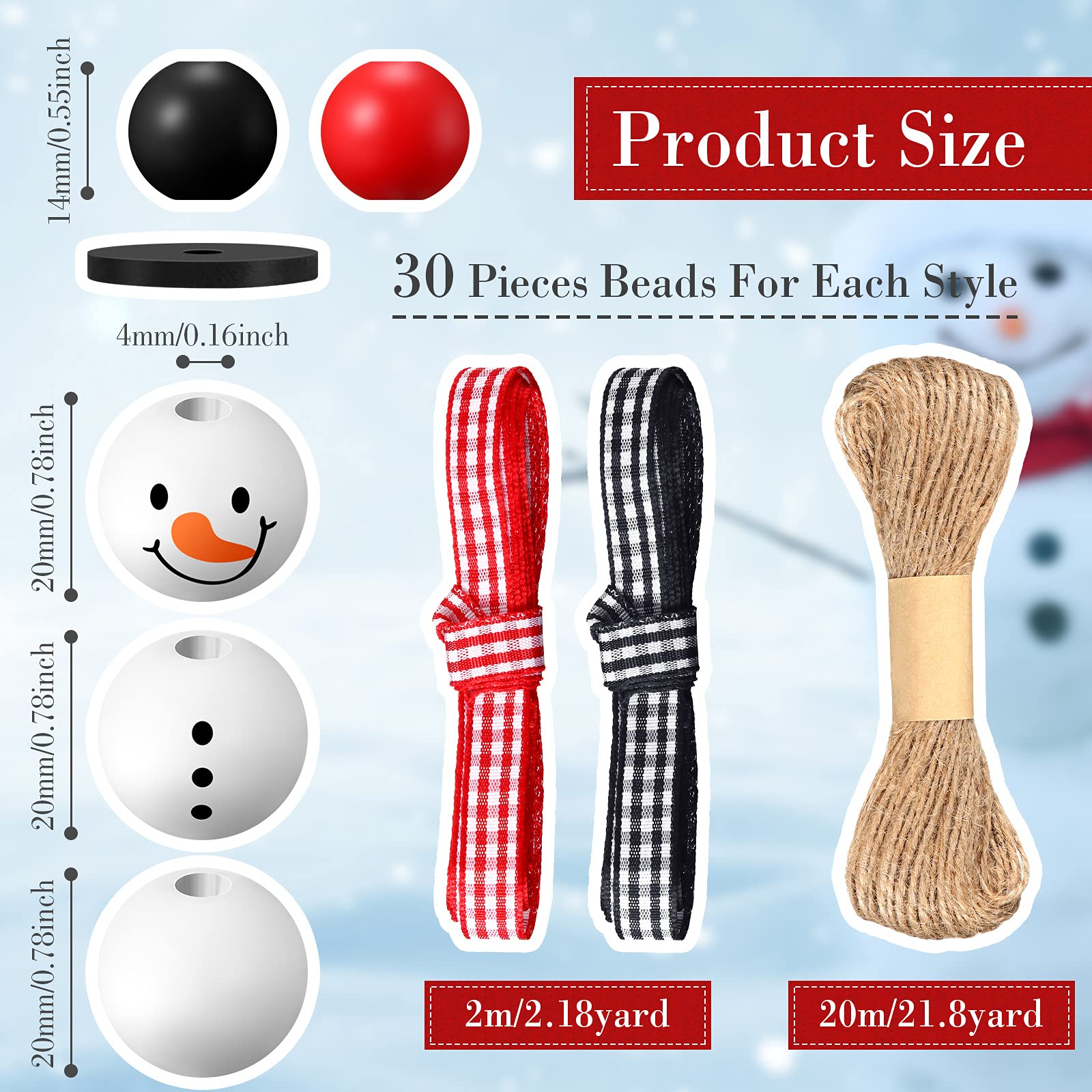 Yulejo 180-Piece Christmas Snowman Buffalo Plaid Wood Round Beads with Twine Scarf - Vivid Colors for Crafts