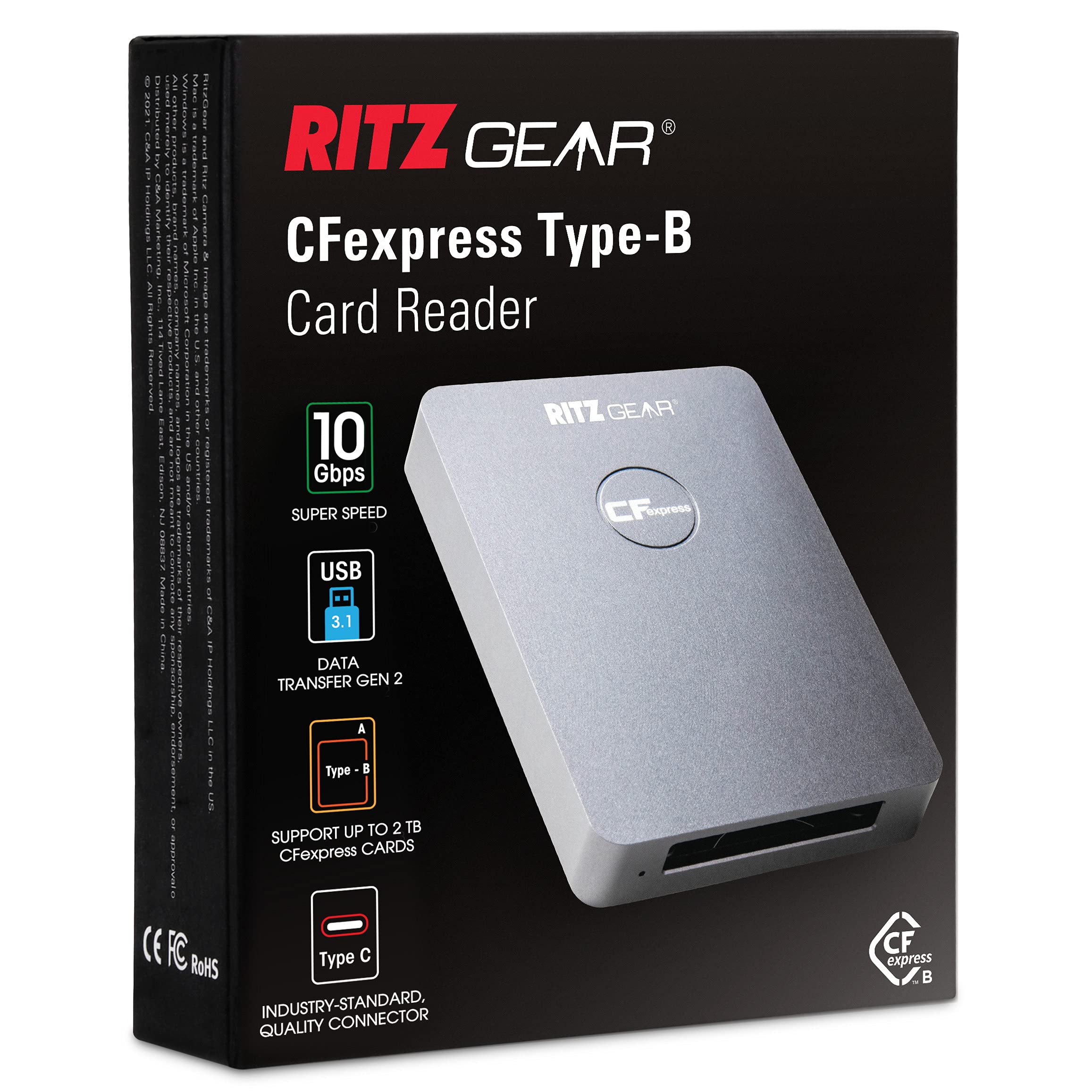 Ritz Camera CFexpress Type B Card Reader, USB 3.1 Gen 2 10Gbps CFexpress Reader, Portable Aluminum CFexpress Memory Card Adapter Thunderbolt 3 Compatible, Support Android/Windows/Mac OS