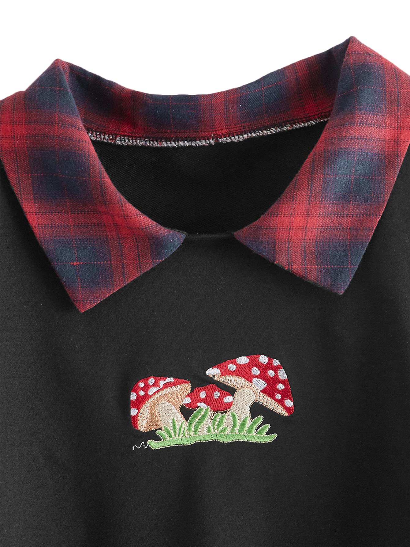SweatyRocks Women's Casual Color Block Crop Tee Top Collar Long Sleeve Pullover Sweatshirt Tops Mushroom Black M
