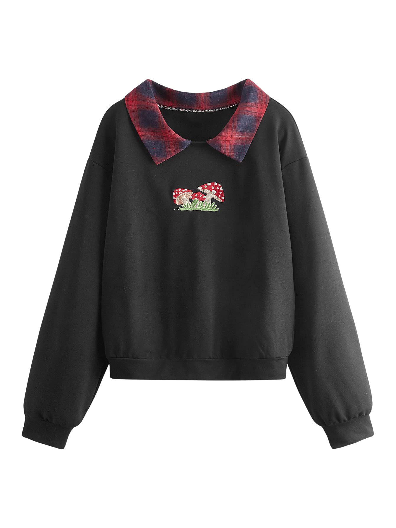 SweatyRocks Women's Casual Color Block Crop Tee Top Collar Long Sleeve Pullover Sweatshirt Tops Mushroom Black M
