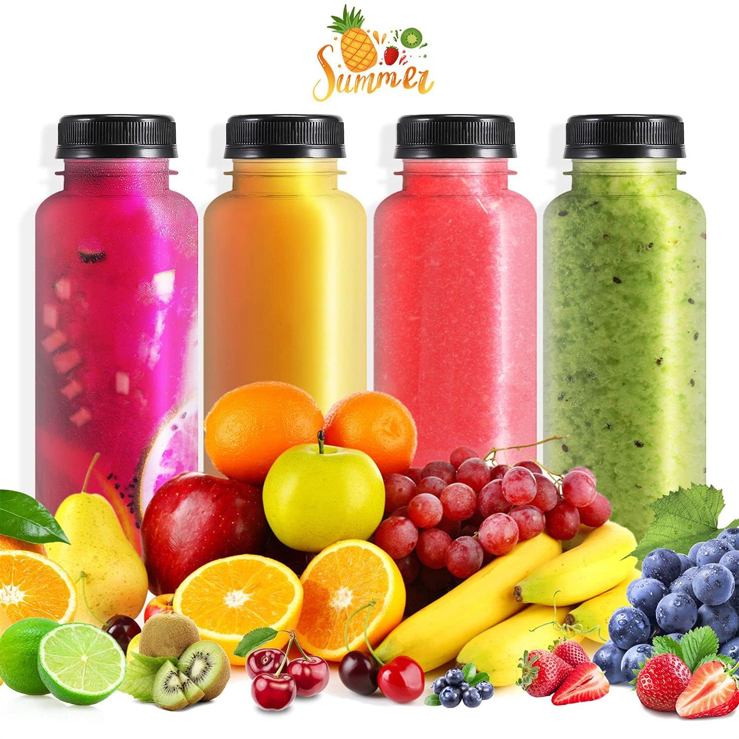 Kaderron 40pcs 12oz Plastic Juice Bottles with Caps, Empty PET Disposable Plastic Bottles, Clear Bulk Drink Containers with Black Tamper Evident Lids for Juicing, Drinking and Other Beverages