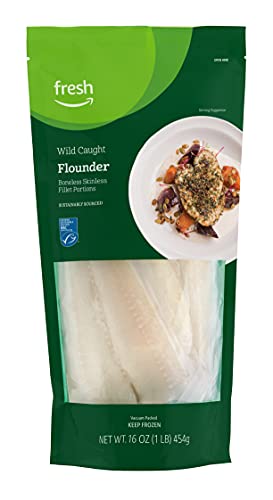 Amazon Fresh Brand, Wild Caught Flounder Boneless Skinless Fillet Portions, Frozen, Sustainably Sourced, 1 Lb