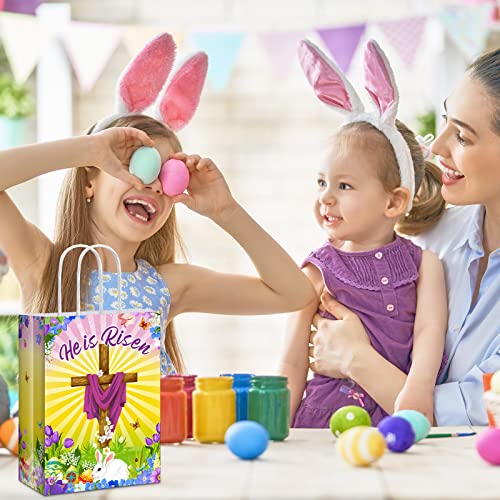 16 Pieces Easter Treat Bags Inspiring He Is Risen Sign Paper Gift Bags Cookie Egg Candy Goody Easter Bags with Double Handles for Easter Theme Bible School Party Favor