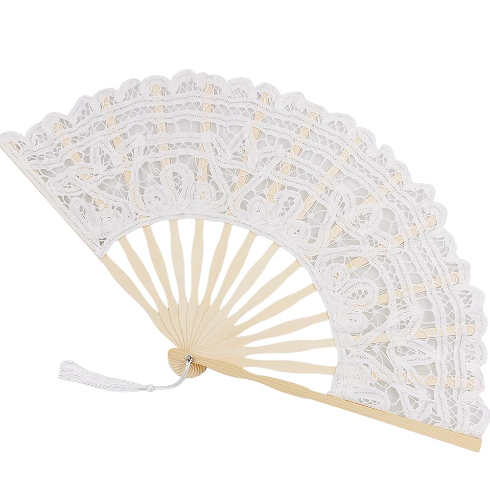 Propupy Folding Hand Fan Womens Lace Fan Elegant Cotton Fan Handmade Vintage Retro Fan with Bamboo Staves and Silk Tassels for Wedding Bridal Shower Dancing Party (White)