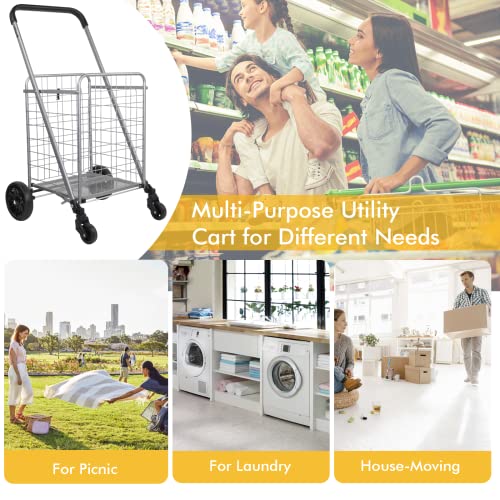 Shopping Cart with Wheels, Realife Folding Utility Cart with Brake for Grocery, Holds Up to 90lbs, Silver