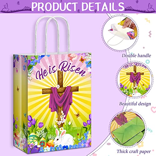 16 Pieces Easter Treat Bags Inspiring He Is Risen Sign Paper Gift Bags Cookie Egg Candy Goody Easter Bags with Double Handles for Easter Theme Bible School Party Favor
