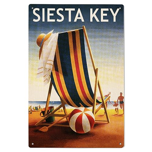 Lantern Press 6x9 Inch Wood Sign, Ready to Hang Wall Decor, Siesta Key, Florida, Beach Chair and Ball