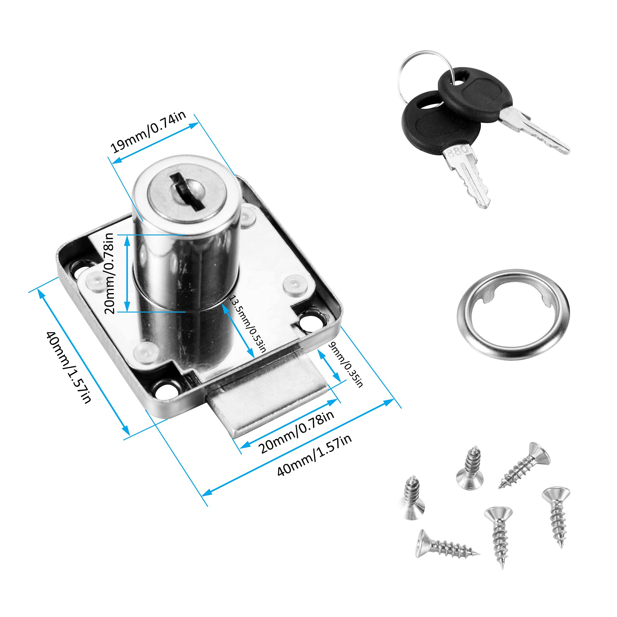 Lpraer 4 Pack Cylinder Cam Drawer Lock with Keys, Cabinet Locks 20mm Cylinder and Chrome Finish, Keyed Alike with 8 Keys, Security Locks for Cupboard Door Cabinet Mailbox