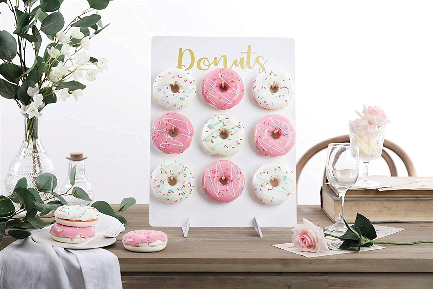 OWOYDOJ Donut Stand for Party, Donut Wall Holders for Table, Reusable Wood Doughnut Pegboard for Baby Showers, Bridal Shower, Birthday, Wedding, Holds 9 Doughnuts
