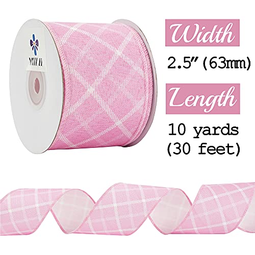 MEEDEE Pink Gingham Christmas Ribbon Wired Plaid Check 2.5 Inch X 10 Yards Burlap for Crafts Decoration Bows Making Flower Wreath Floral Bouquet Gift Wrapping