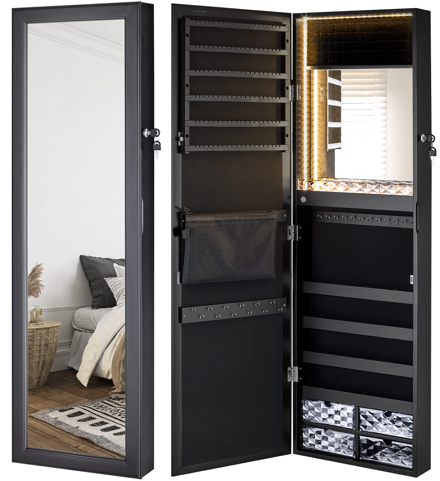 LUXFURNI LED Lights Mirror Jewelry Cabinet, 47.2" Wall Mounted/Door-Hanging, Lockable Jewelry Mirror Organizer (Black)