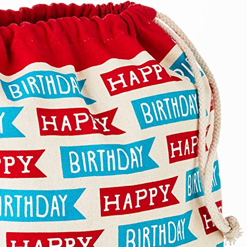 Hallmark 19" Large Birthday Drawstring Gift Bag (Red and Blue "Happy Birthday" Flags) for Kids, Grandchildren, Adults, Coworkers, Friends