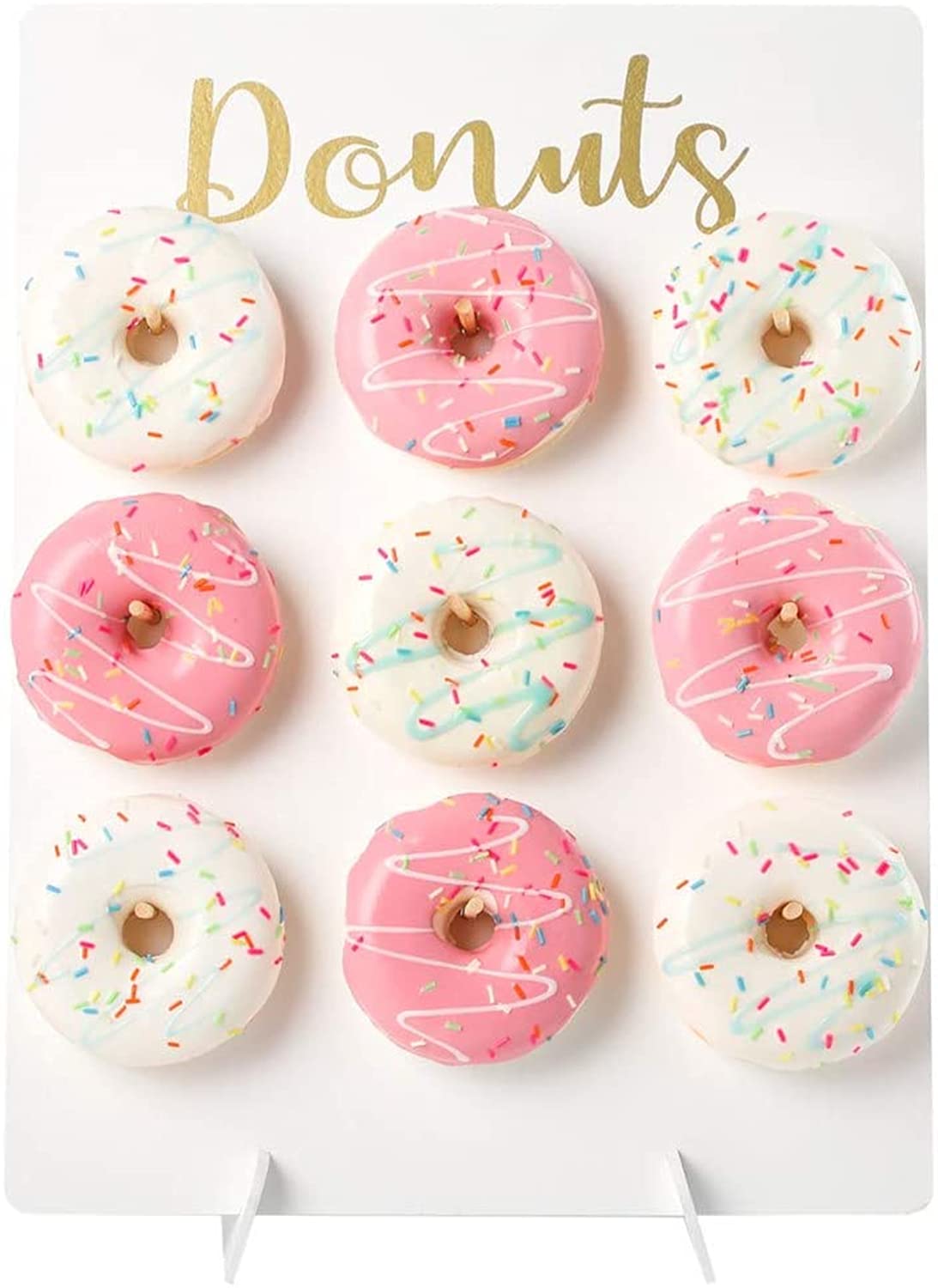 OWOYDOJ Donut Stand for Party, Donut Wall Holders for Table, Reusable Wood Doughnut Pegboard for Baby Showers, Bridal Shower, Birthday, Wedding, Holds 9 Doughnuts