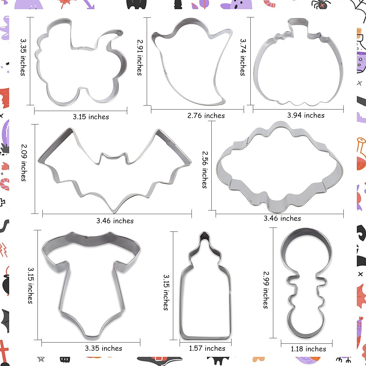Halloween Themed Cookie Cutter Set, Stainless Steel Skull Bat, Pumpkin Ghost, Bottle Rattle,Onesie Baby Carriage, Biscuit Molds for Baby Shower