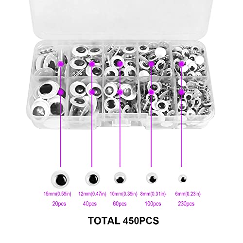 Googly Eyes for Crafts,450 Pcs Black Wiggle Googly Eyes with Self-Adhesive, 6mm 8mm 10 mm 12mm 15mm Mixed Packaging