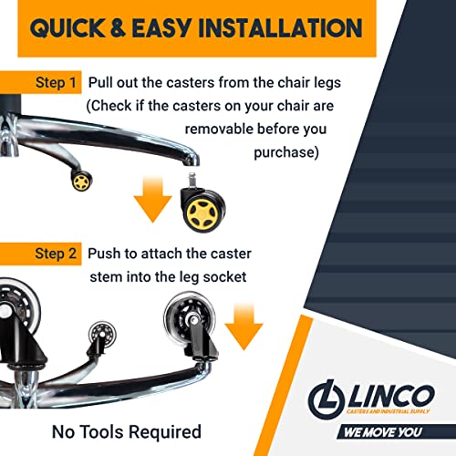 Linco 3β Heavy Duty Swivel Office Chair Wheels - Set of 5 Polyurethane Furniture Wheels with 11mm Stem Size - Replacement Wheels for Office Chair, Gaming Chairs - Capacity: 600 lbs