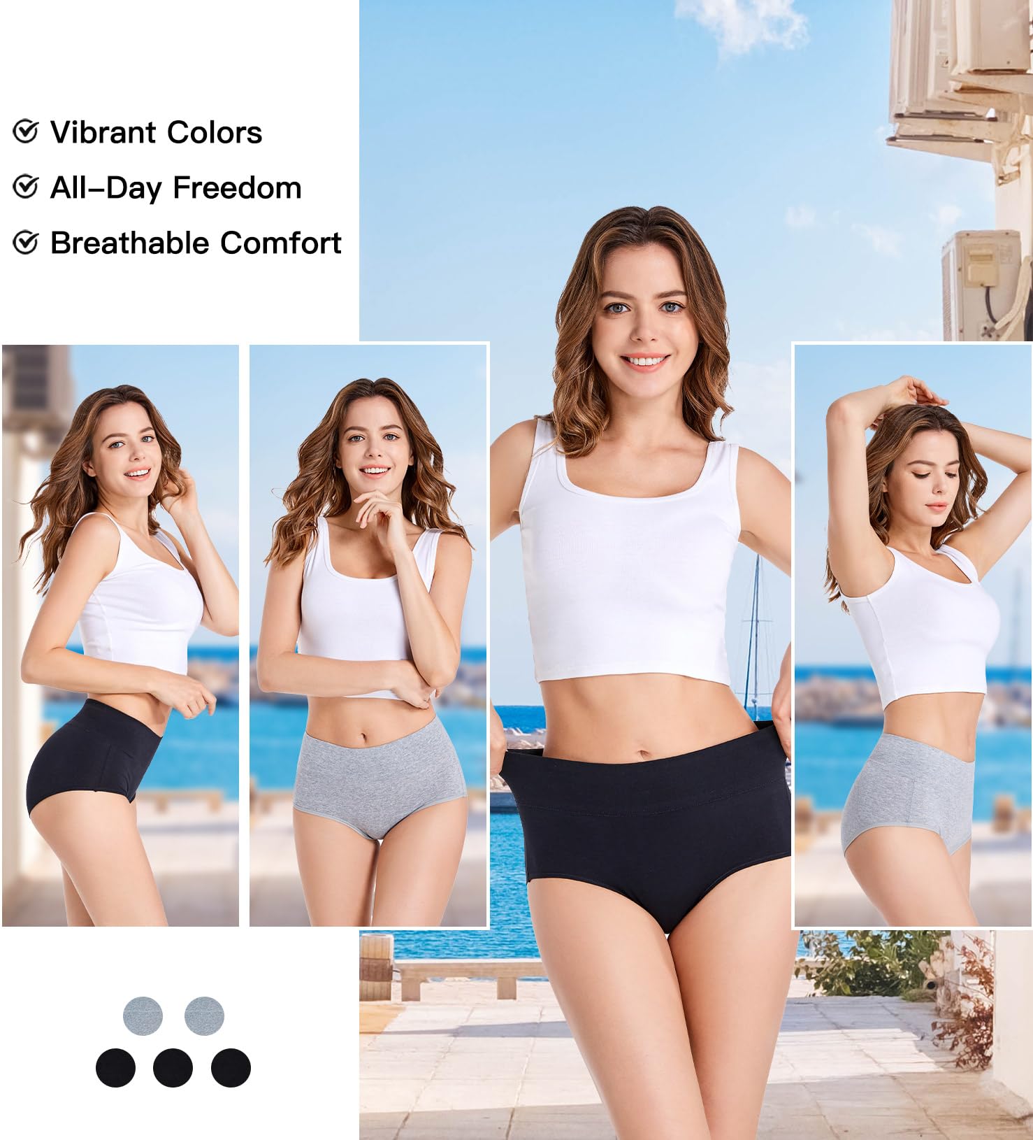 HAVVIS Women's Briefs Underwear Cotton High Waist Tummy Control Panties Rose Jacquard Ladies Panty Multipack (Briefs 03-5 Pack - 3black,2grey, Large)