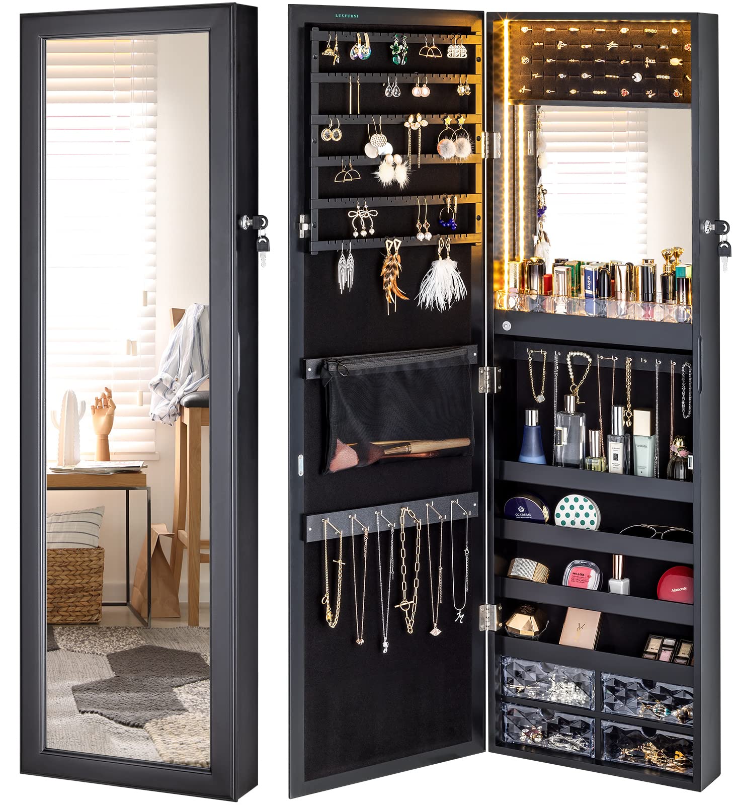 LUXFURNI LED Lights Mirror Jewelry Cabinet, 47.2" Wall Mounted/Door-Hanging, Lockable Jewelry Mirror Organizer (Black)