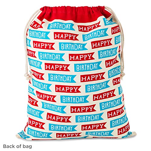 Hallmark 19" Large Birthday Drawstring Gift Bag (Red and Blue "Happy Birthday" Flags) for Kids, Grandchildren, Adults, Coworkers, Friends