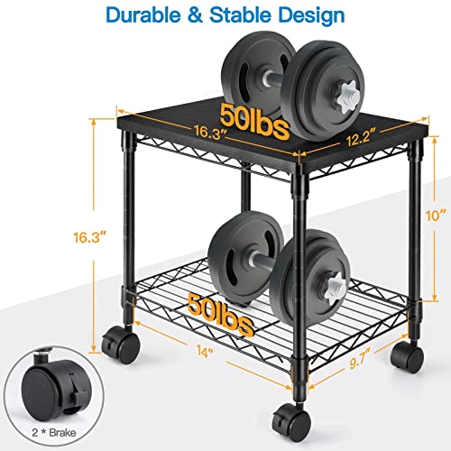HUANUO Under Desk Printer Stand, 2 Tier Printer Cart for Storage, Mobile Printer Table with Swivel Wheels, Holds up to 100lbs, Perfect Desk Organizer Shelf for Home & Office, HNPS02
