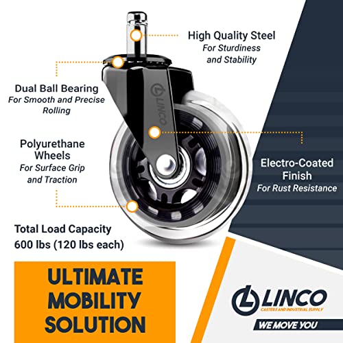 Linco 3β Heavy Duty Swivel Office Chair Wheels - Set of 5 Polyurethane Furniture Wheels with 11mm Stem Size - Replacement Wheels for Office Chair, Gaming Chairs - Capacity: 600 lbs