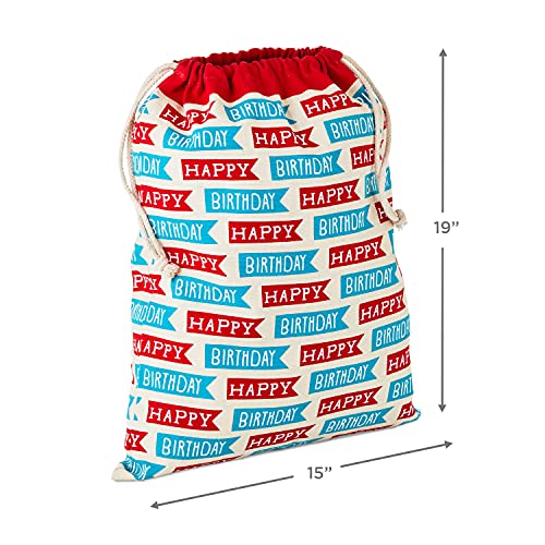 Hallmark 19" Large Birthday Drawstring Gift Bag (Red and Blue "Happy Birthday" Flags) for Kids, Grandchildren, Adults, Coworkers, Friends