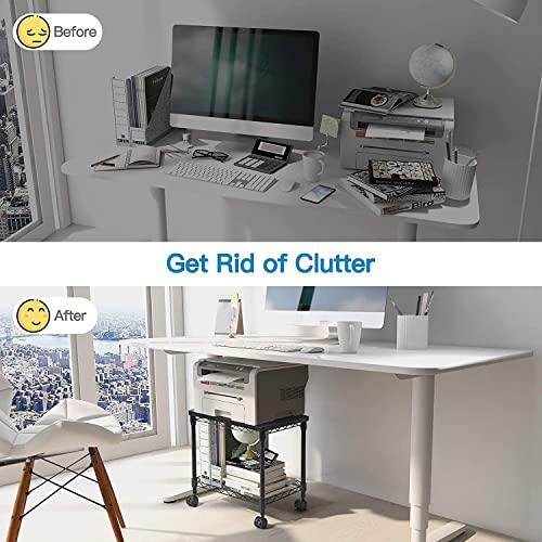 HUANUO Under Desk Printer Stand, 2 Tier Printer Cart for Storage, Mobile Printer Table with Swivel Wheels, Holds up to 100lbs, Perfect Desk Organizer Shelf for Home & Office, HNPS02