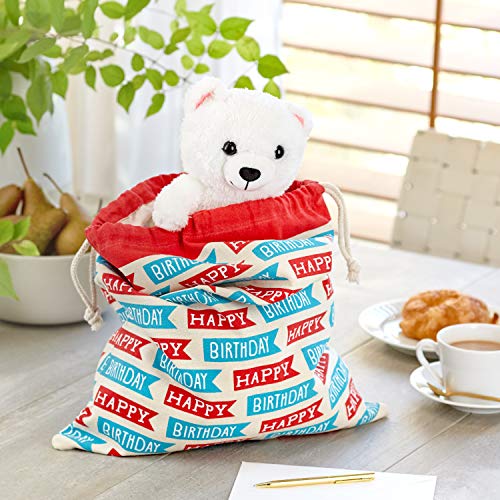 Hallmark 19" Large Birthday Drawstring Gift Bag (Red and Blue "Happy Birthday" Flags) for Kids, Grandchildren, Adults, Coworkers, Friends