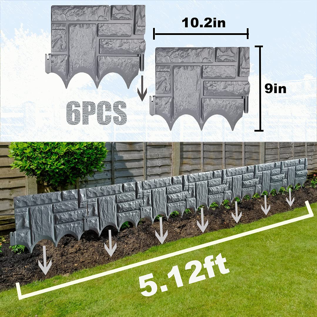 ELLASSAY Kaerott 6 Pack Garden Edging Set Plastic Fence Plant Border Imitation Stone Brick for DIY Decorative Patios Lawn Paths Landscape Walkways Flower Beds Border 10.2*9 inch Gray
